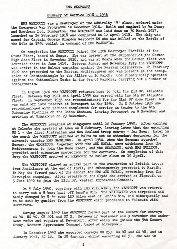 Summary of Service of HMS Westcott 1918 - 1946; SHHMG:A4679 | eHive
