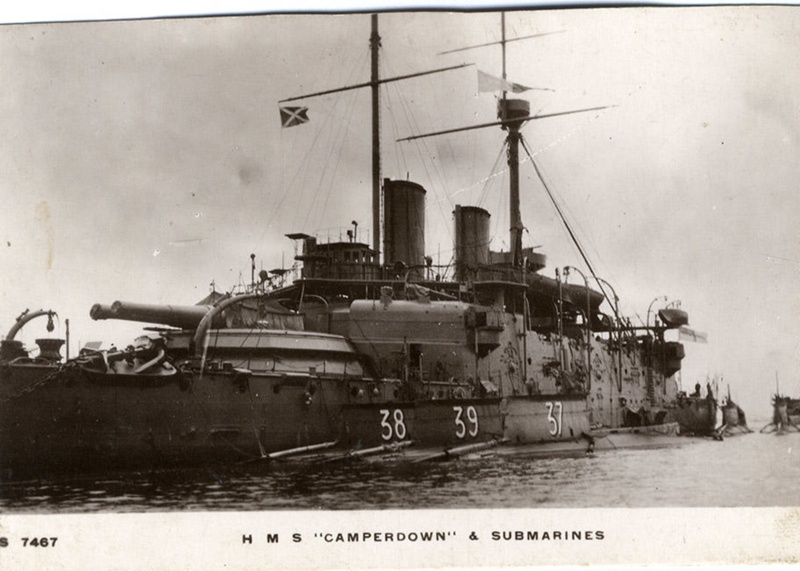 Photograph of HMS Camperdown with submarines alongside, 1910.; SHHMG ...