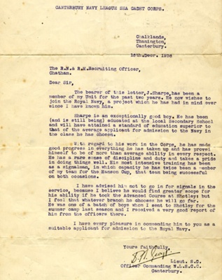 Letter of recommendation to join the Royal Navy; SHHMG:A5996 | eHive
