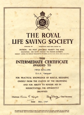 Royal Life Saving Society Intermediate Certificate awarded to Peter ...