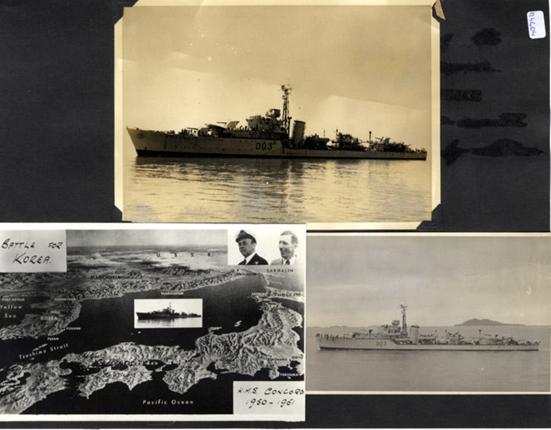 A montage of 3 photographs, 2 of HMS Concord, D03, during the Korean ...