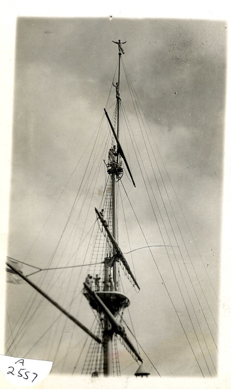Photograph of HMS Ganges mast with several boys on the mast, including ...