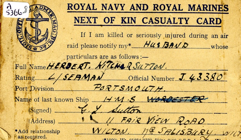 Royal Navy and Royal Marines Next of Kin Card belonging to Leading ...