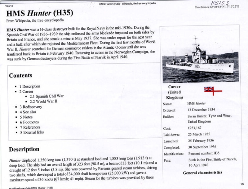 Details of HMS Hunter. William Henry Herbert Knight J108778, who was ...