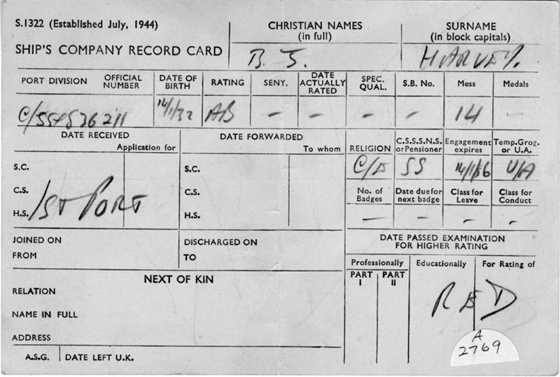 ships company record card belonging to Able Seaman Harvey, B.J. who was ...