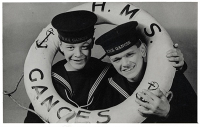 Photograph of two boys with HMS Ganges lifebelt.; SHHMG:A817 | eHive