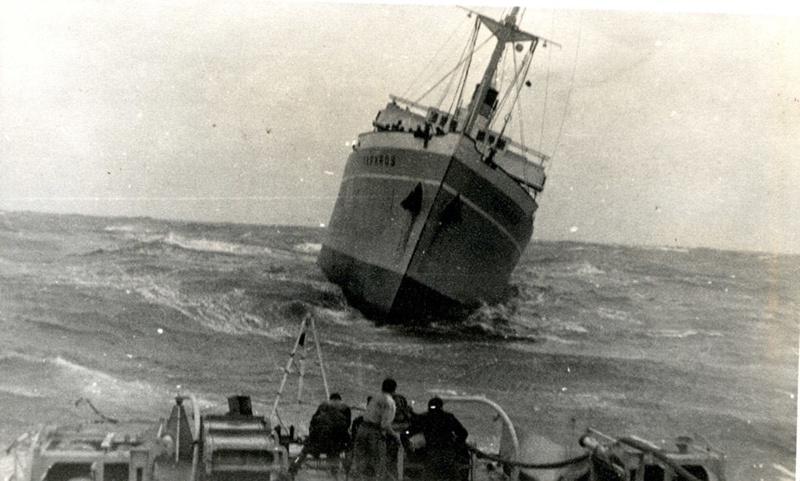 Photograph of SS Tefkros in tow to HMS St. Brides Bay in the Formosa ...