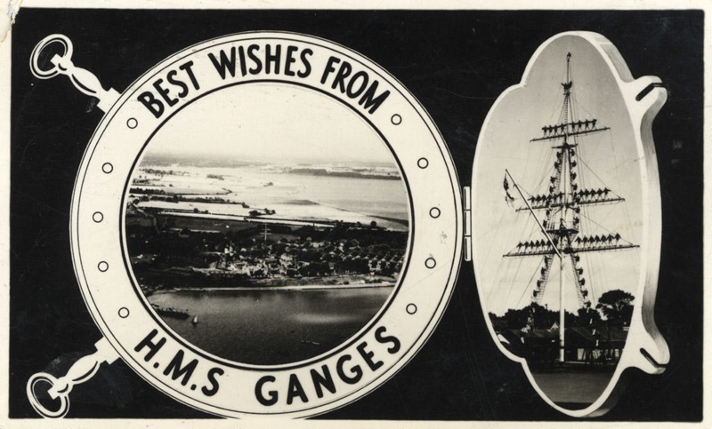Postcard of an aerial view of HMS Ganges and the estuary and the mast ...