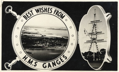 Postcard of an aerial view of HMS Ganges and the estuary and the mast ...