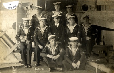 Two photographs of 8 ratings aboard HMS Stuart with a Petty Officer and ...