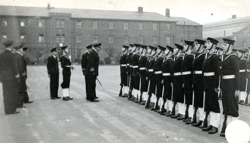 Photograph of guard inspection by a Rear Admiral at HMS Ganges in 1952 ...