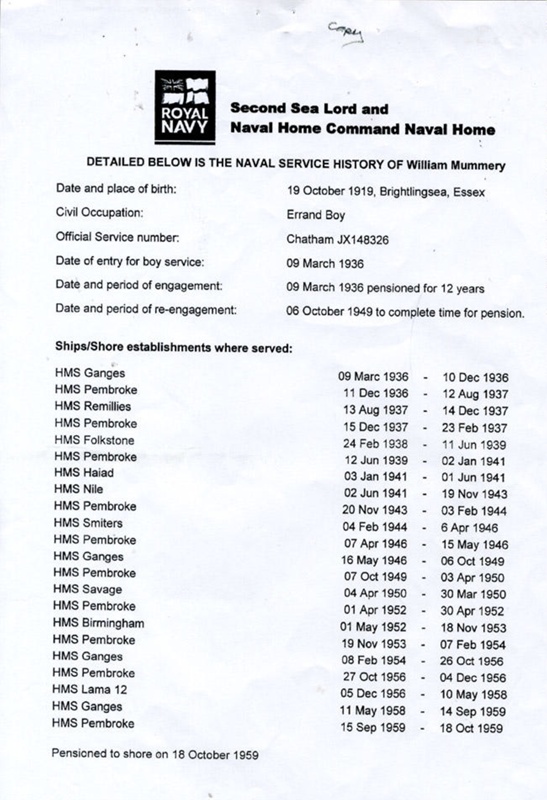 A typed Naval Service Certificate of Bill Mummery JX148326 who was a ...