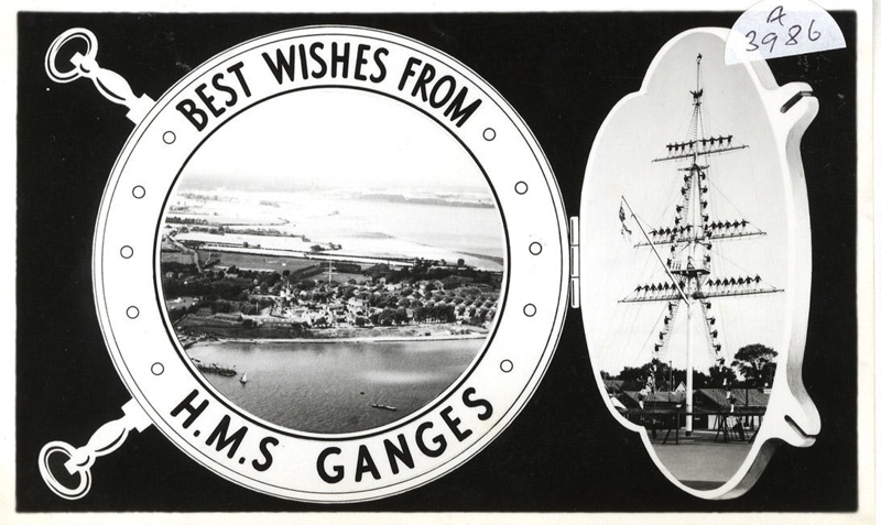 Photograph of an aerial view of HMS Ganges and the mast, manned ...