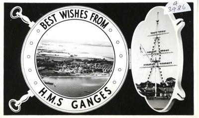 Photograph of an aerial view of HMS Ganges and the mast, manned ...