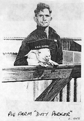 Copy of a photograph of man in charge of the Pig Farm and his pig ...