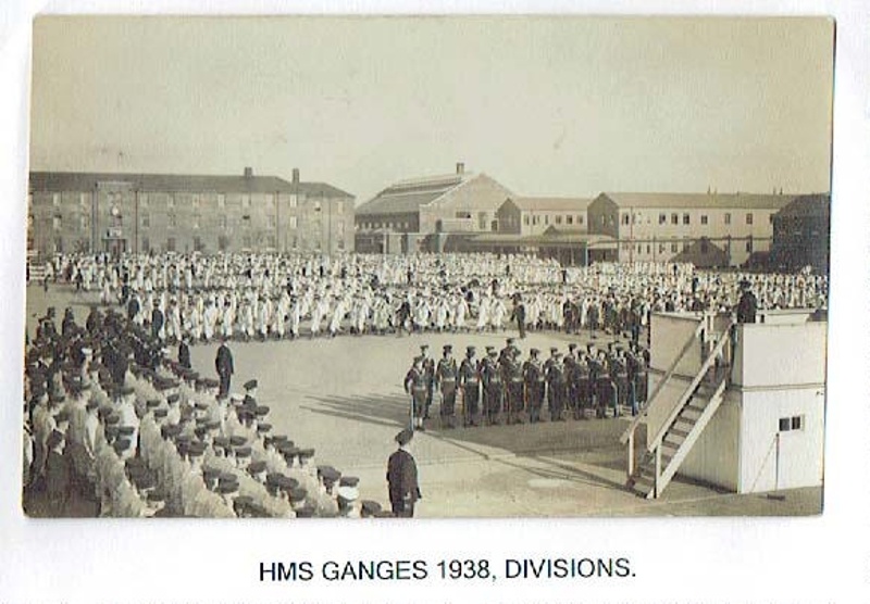 A postcard showing a photograph of Divisions at HMS Ganges in 1938 ...