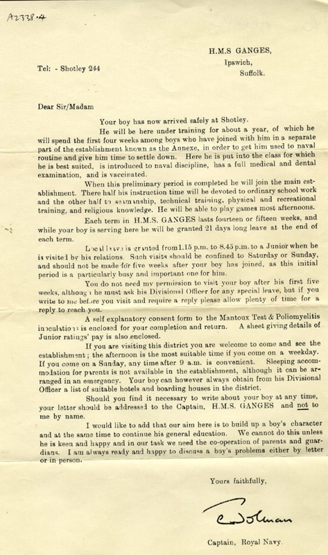 Standard letter from Commanding Officer, HMS Ganges to parents ...
