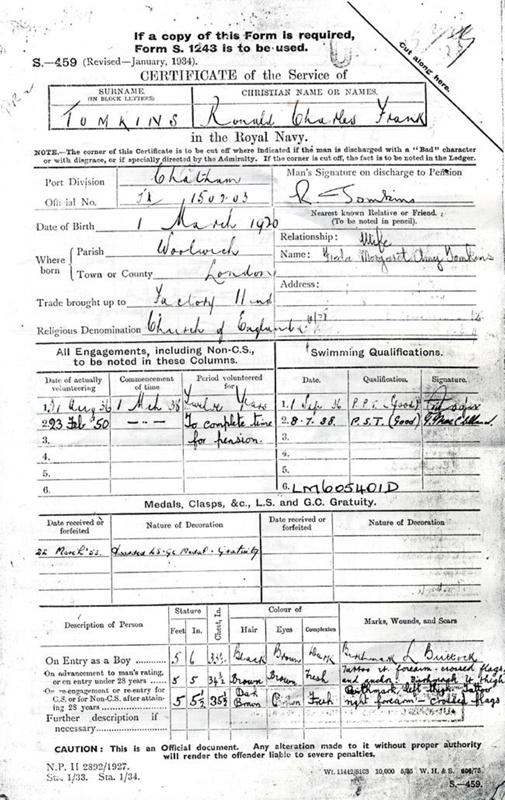 service certificate of Ronald Charles Frank Tomkins C/JX 150203 who ...