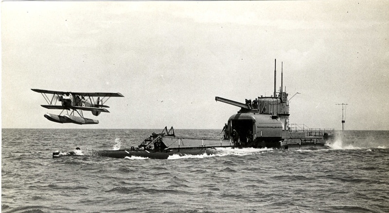 Photograph of HM Submarine M2 with her seaplane taking off in the 1930s ...