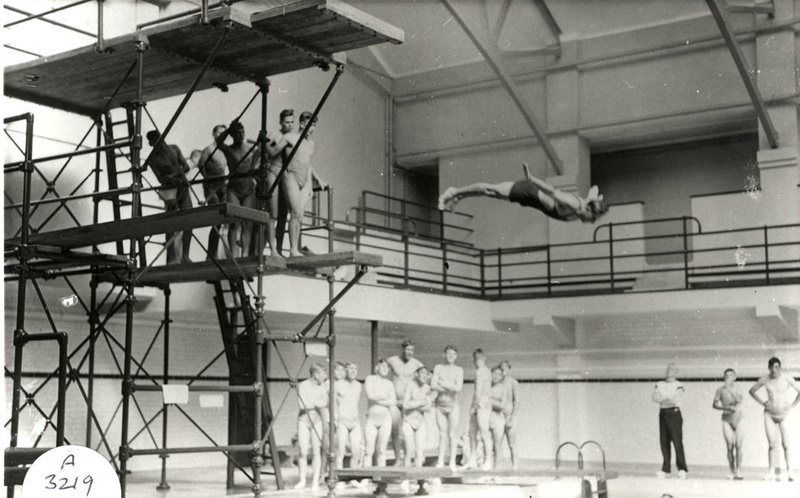 photograph of olympic divers display at opening of new swimming pool at ...