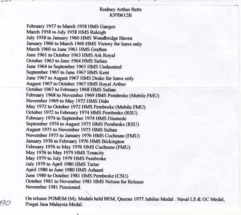 Printed Naval Record of Rodney Arthur Betts K970612B who started his ...