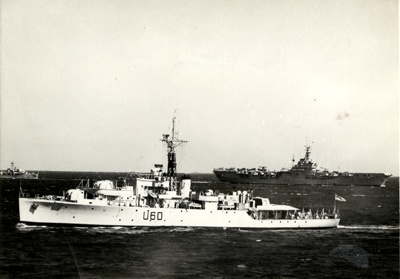 Photograph of 3 warships, one identified as the Aircraft carrier HMS ...