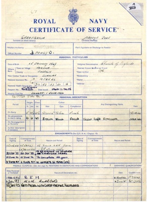 A copy of the Royal Naval Certificate of Service and a Citation ...