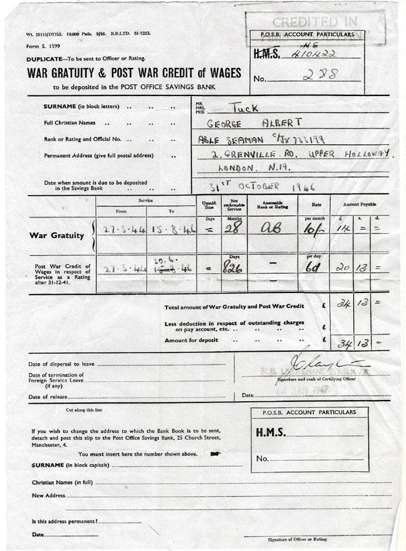 War Gratuity and Post War Credit of Wages record for George Albert Tuck ...
