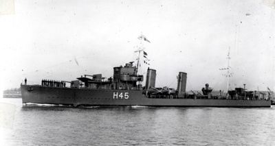 Photograph of HMS Acheron (H45) at sea.; photographer : unknown; SHHMG ...