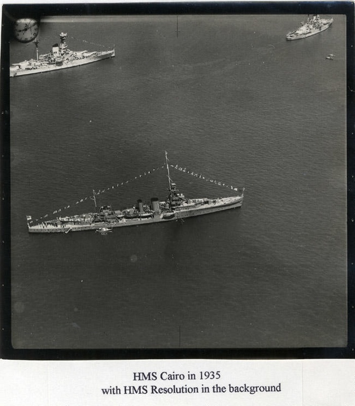 A photograph of HMS Cairo in 1935 supporting the typed 7 page synopsis ...