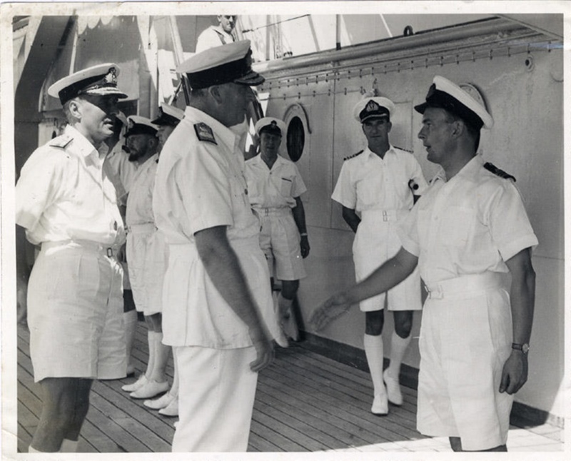 A photograph of Lord Louis Mountbatten visiting HMS Ranpura. Captain ...