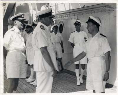A photograph of Lord Louis Mountbatten visiting HMS Ranpura. Captain ...