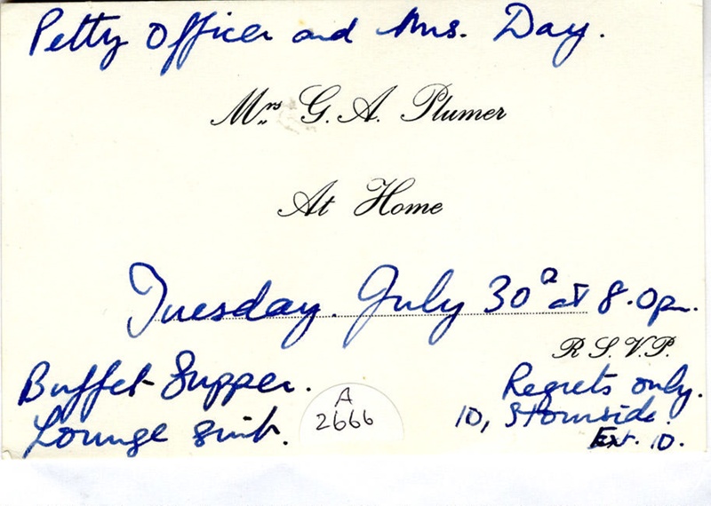 Invitation card for Petty Officer and Mrs Day from Mrs G. A. Plumer ...