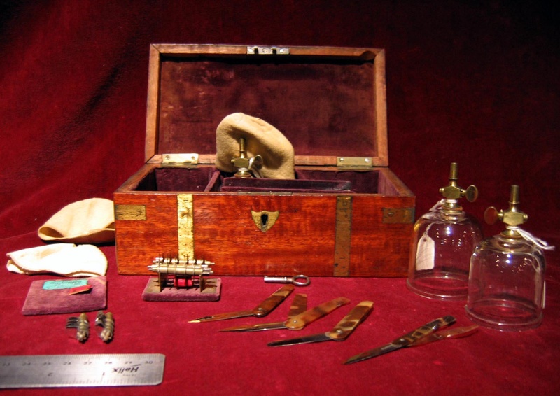 Purple Velvet Lined Mahogany Case of Phlebotomy and Cupping Instruments ...