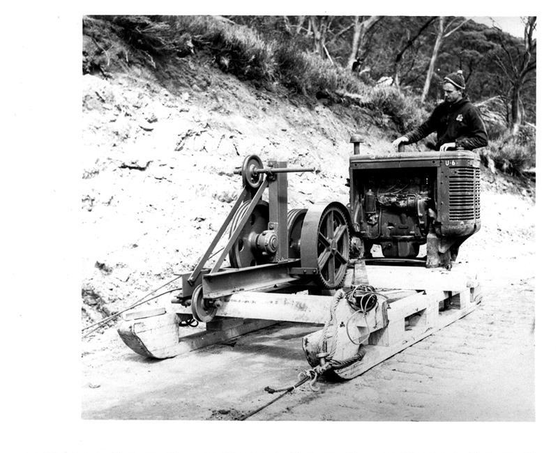 Danny Collman and the sledge carrying the engine for the first rope tow ...