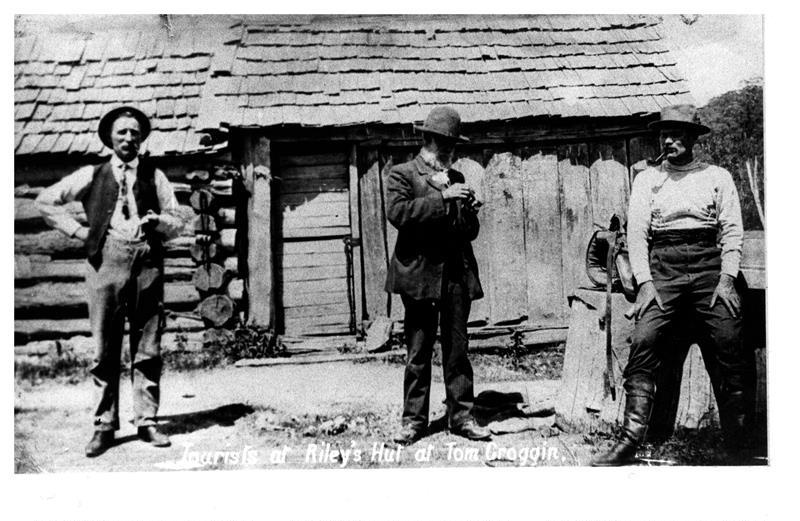 Jack Riley (centre) and visitors at Riley's hut, Tom Groggin 1910s or ...