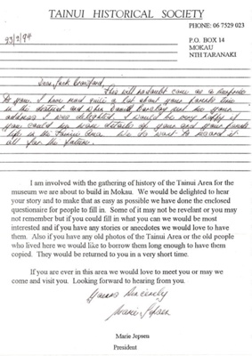 Letter, Tainui Historical Society to Jack Crawford, 23/02/1994; Tainui ...