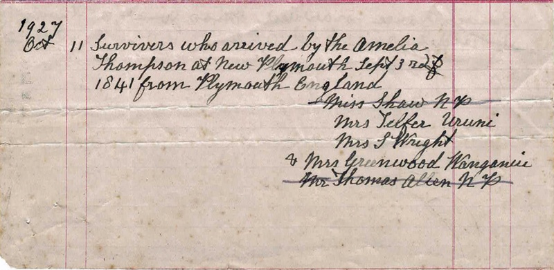 Note, list of survivors who arrived by the Amelia Thompson from England ...