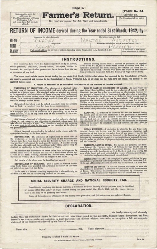Form, Farmer's Return of Income Form; Land and Income Tax Department ...
