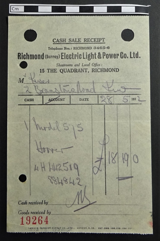 Receipt from Richmond Electric Light & Power Co. Ltd.; Richmond ...