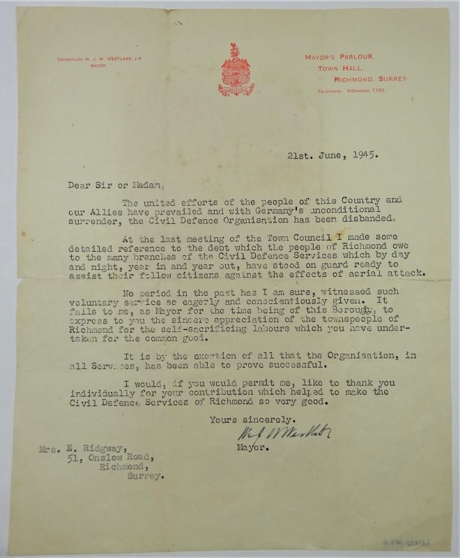 Civil Defence Letter; W. J .W Westlake; 1945; LDMRD 0376.2 | eHive