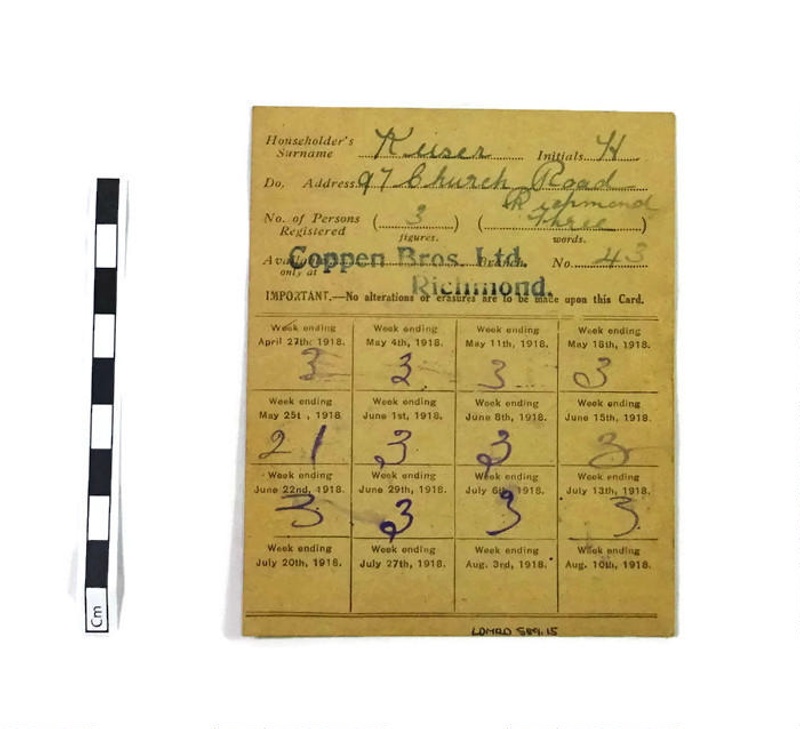 Sugar ration card; The London Supply Stores; 1918; LDMRD 0589.15 | eHive