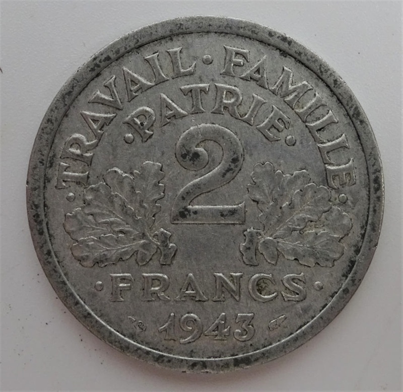 French two-franc piece from 1943; French state mint; 1943; LDMRD 0756.3 ...