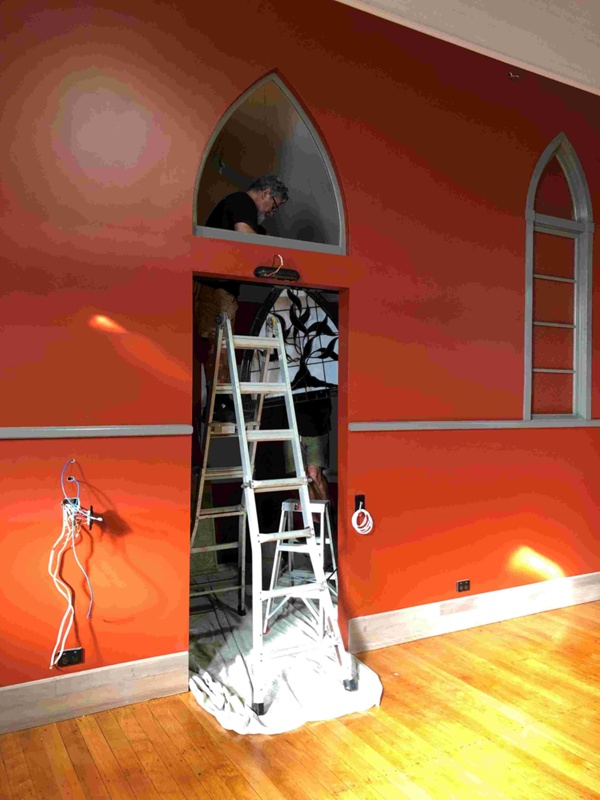 Installation of stained glass arched window; Eumundi Museum; 06/04/2022 ...