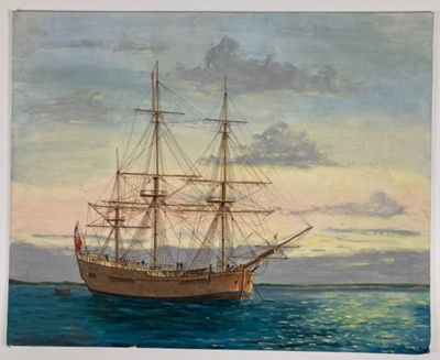 HMS Bark Endeavour at anchor in Botany Bay; JG McCredie; 2021.54 | eHive