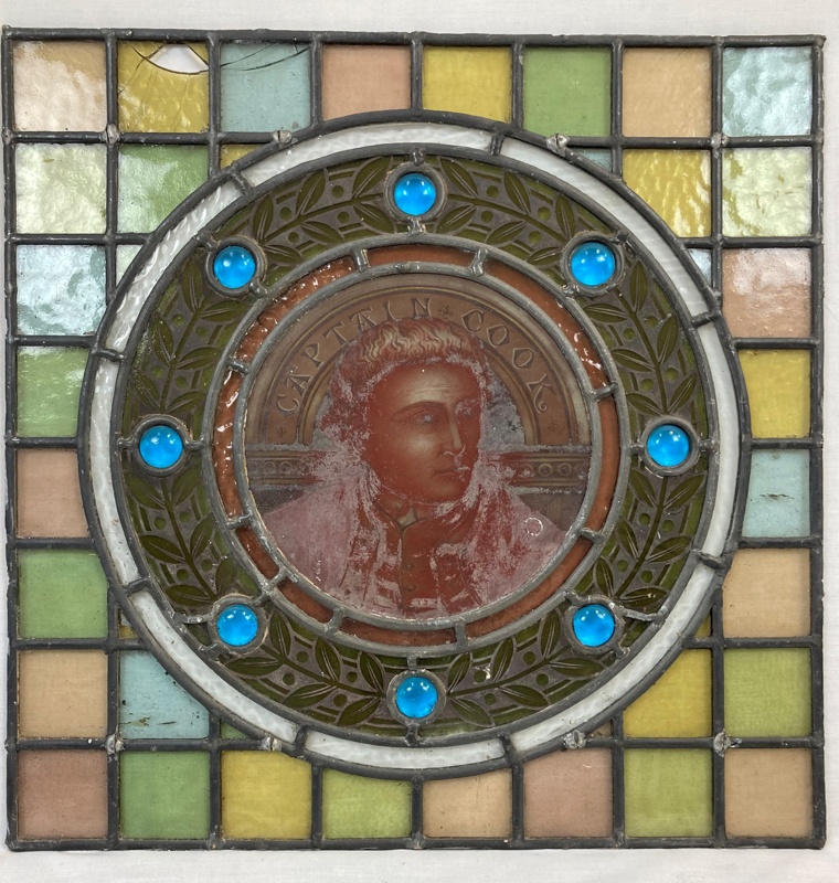 Stained glass leadlight window, featuring roundel of Captain Cook; 2021 ...