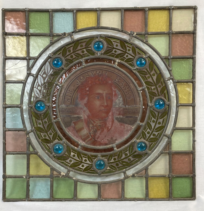 Stained glass leadlight window, featuring roundel of Joseph Banks; 2021 ...
