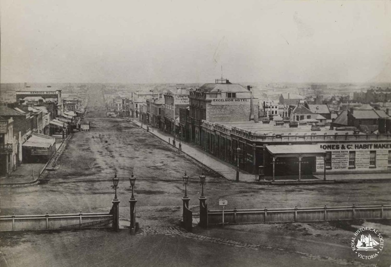 Bourke Street, Melbourne, viewed from Parliament House, c. 1860.; PH ...