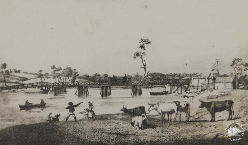 Bridge over Yarra River, Melbourne, 1850 (above Swanston Street); Ham ...