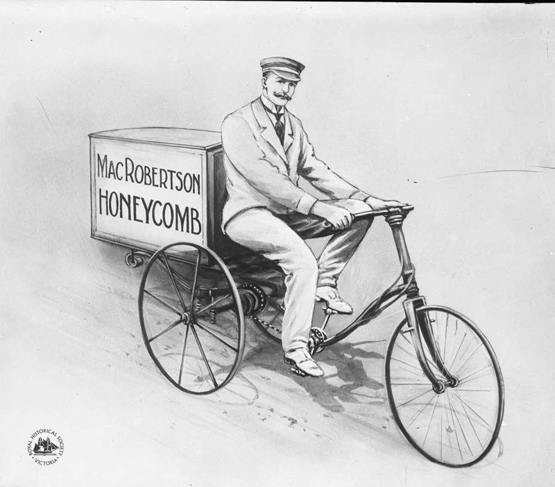 Drawing of Macpherson Robertson on a delivery tricycle; MacRobertson ...